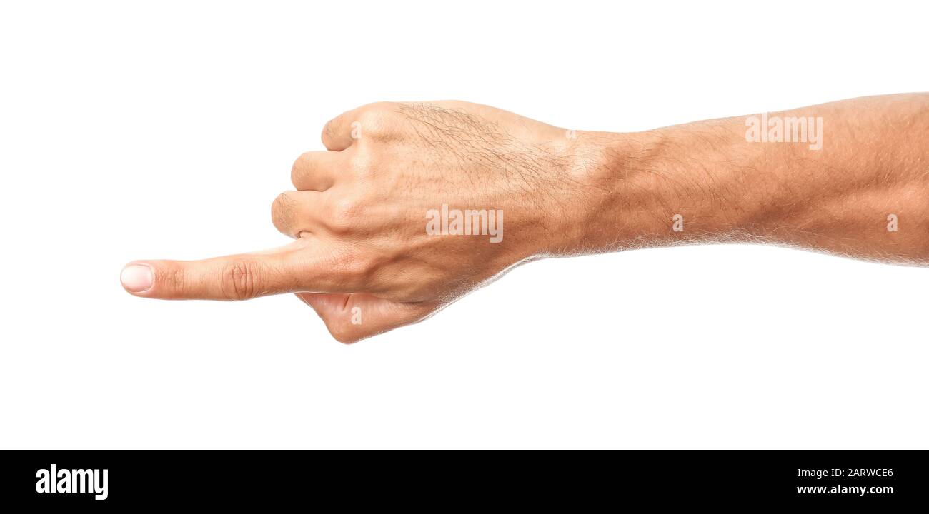 Male hand pointing at something on white background Stock Photo - Alamy