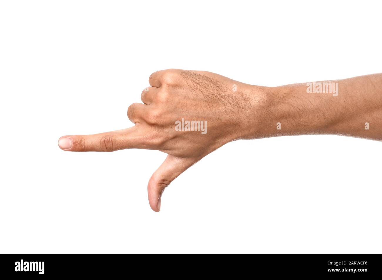 Male hand pointing at something on white background Stock Photo - Alamy