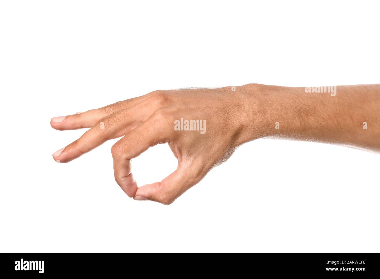Male hand showing OK gesture on white background Stock Photo - Alamy