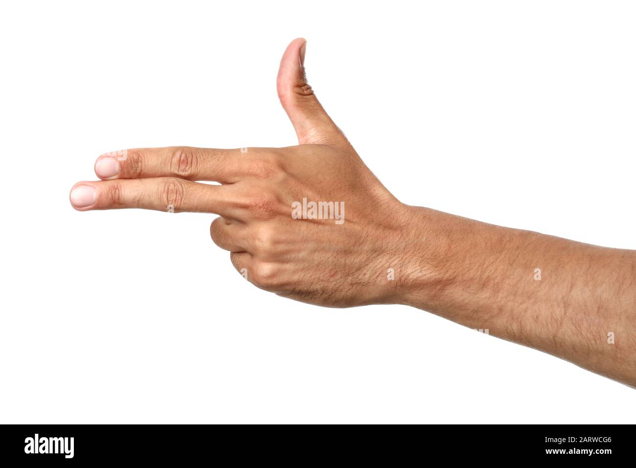 Male hand pointing at something on white background Stock Photo - Alamy