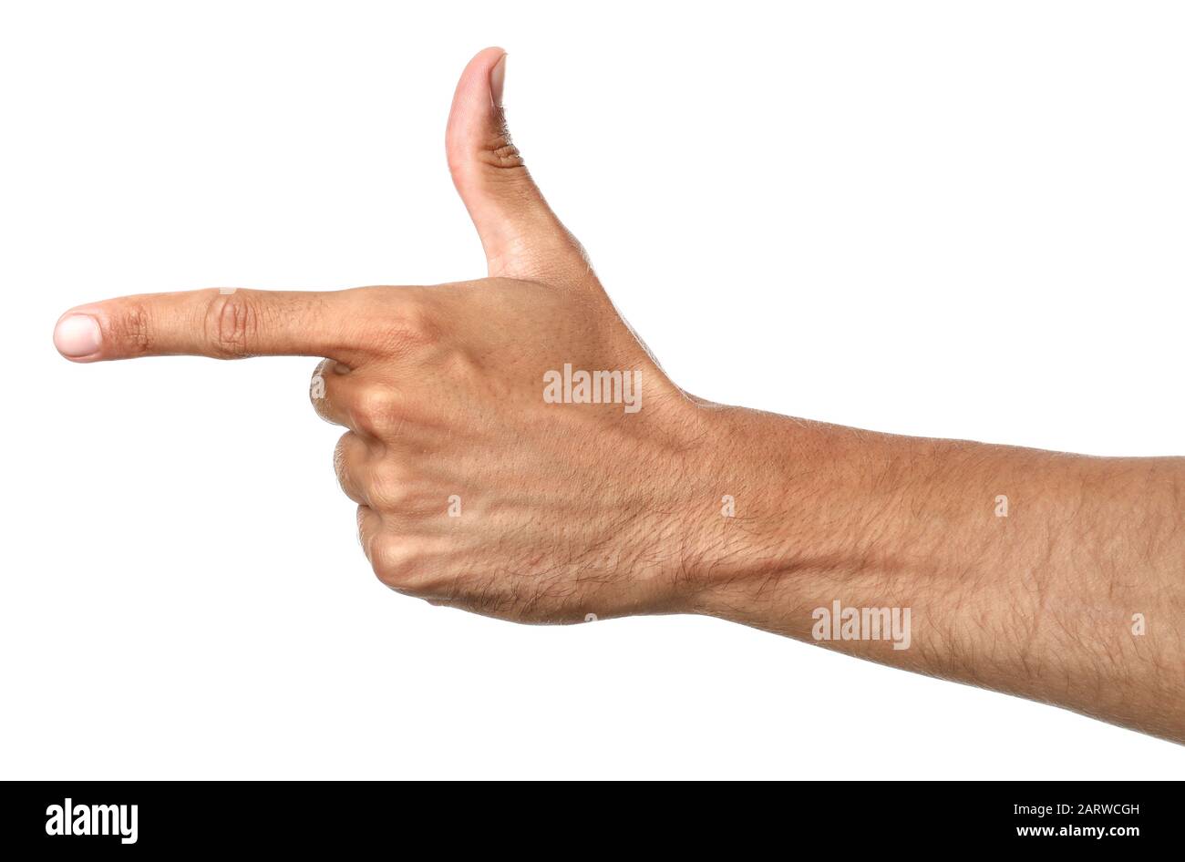 Male hand pointing at something on white background Stock Photo - Alamy