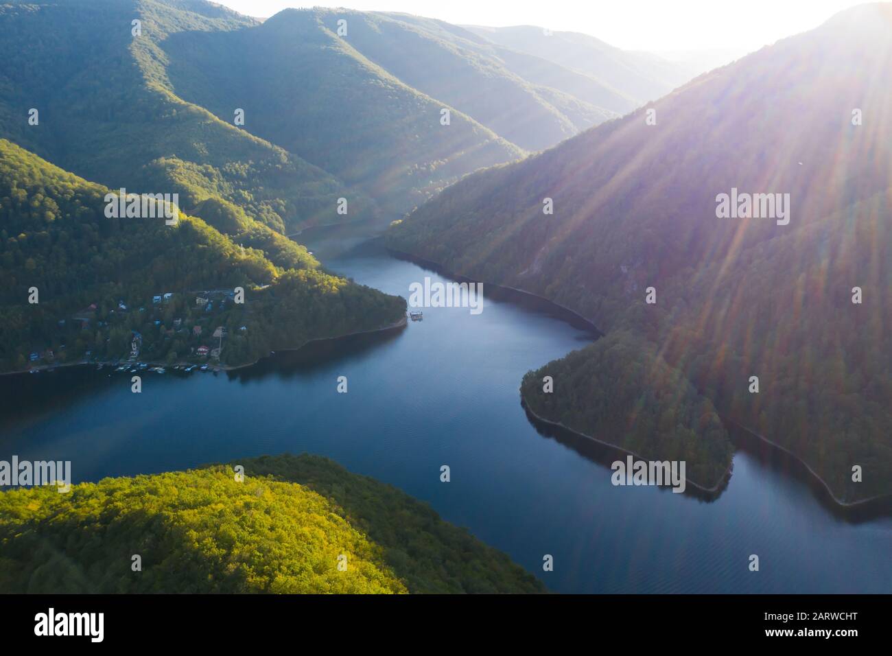 Aerial view of beautiful mountain lake in Transylvania, Romania Stock ...