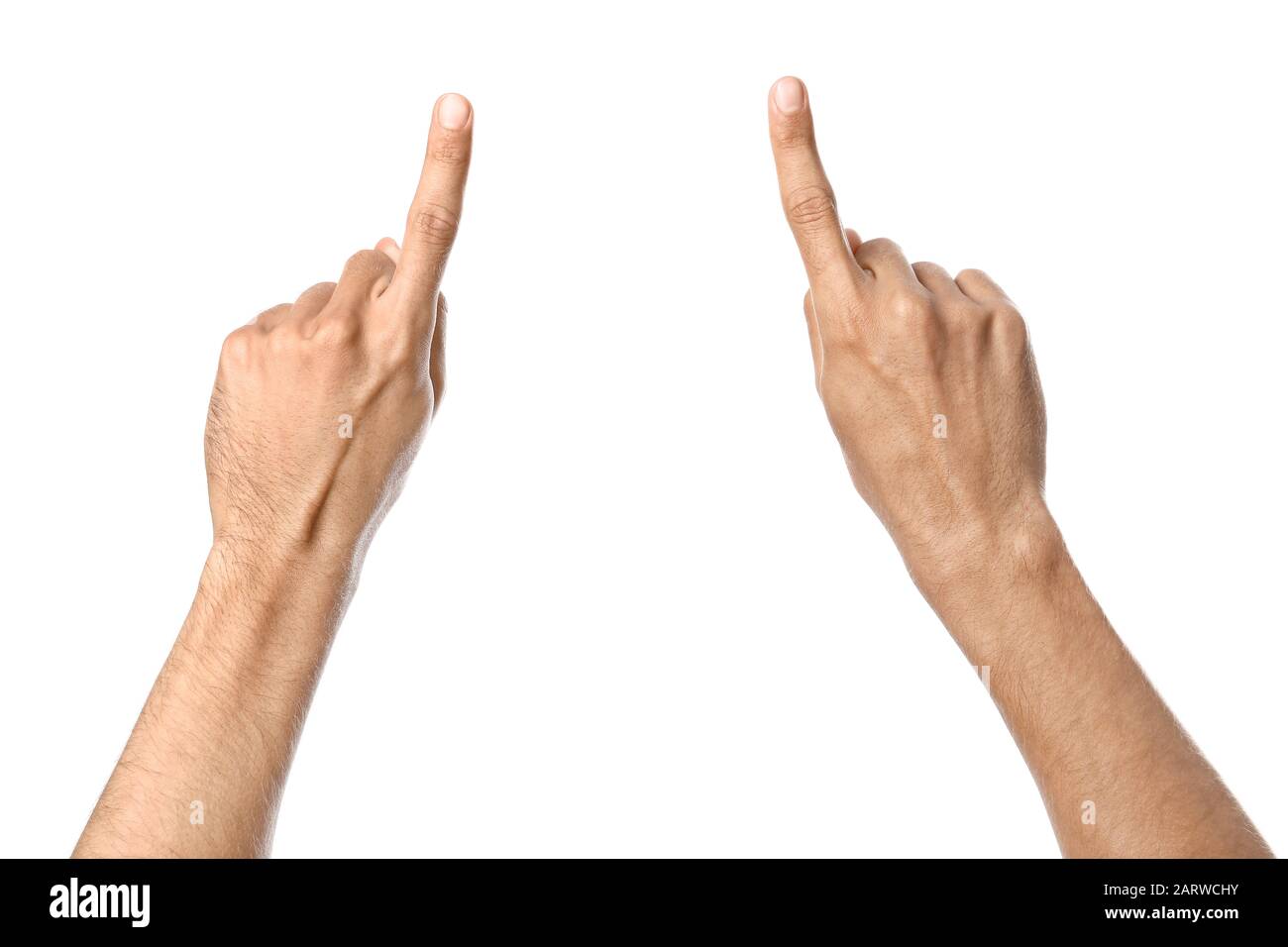Male hands pointing at something on white background Stock Photo - Alamy