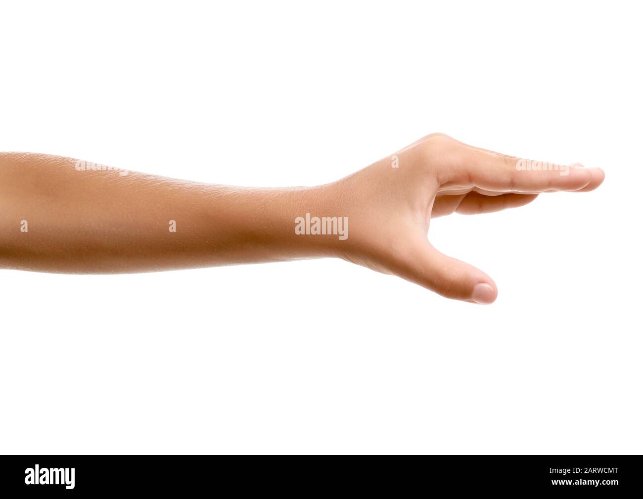 Child's hand holding something on white background Stock Photo - Alamy