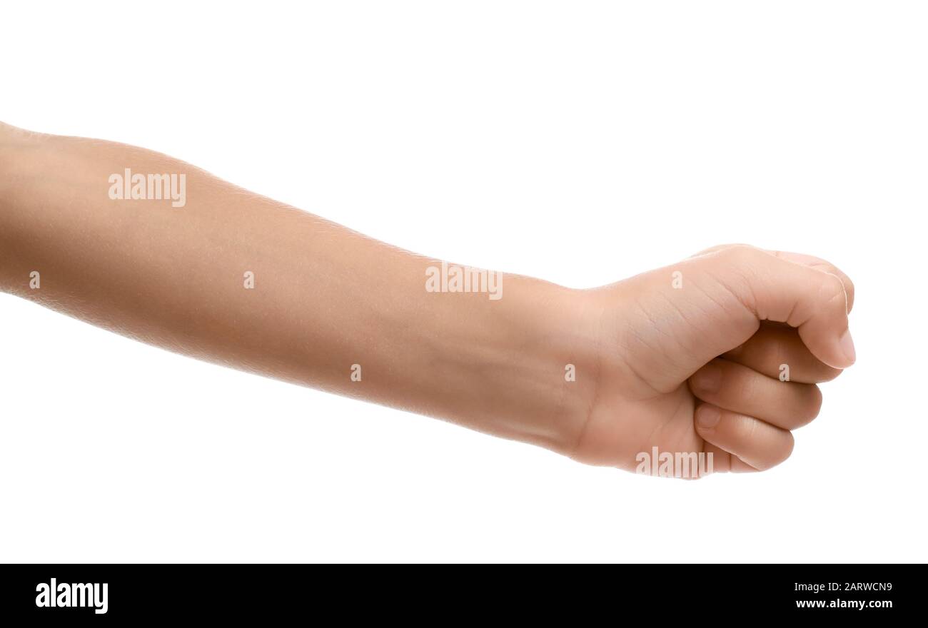 Child's hand with clenched fist on white background Stock Photo - Alamy