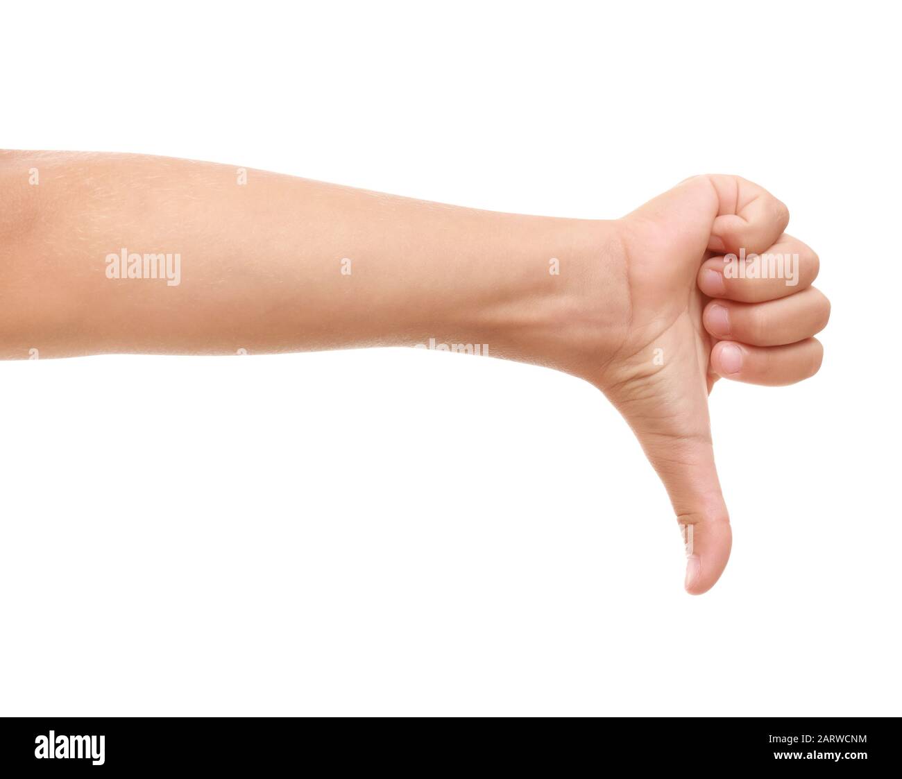 Child's hand showing thumb-down on white background Stock Photo - Alamy