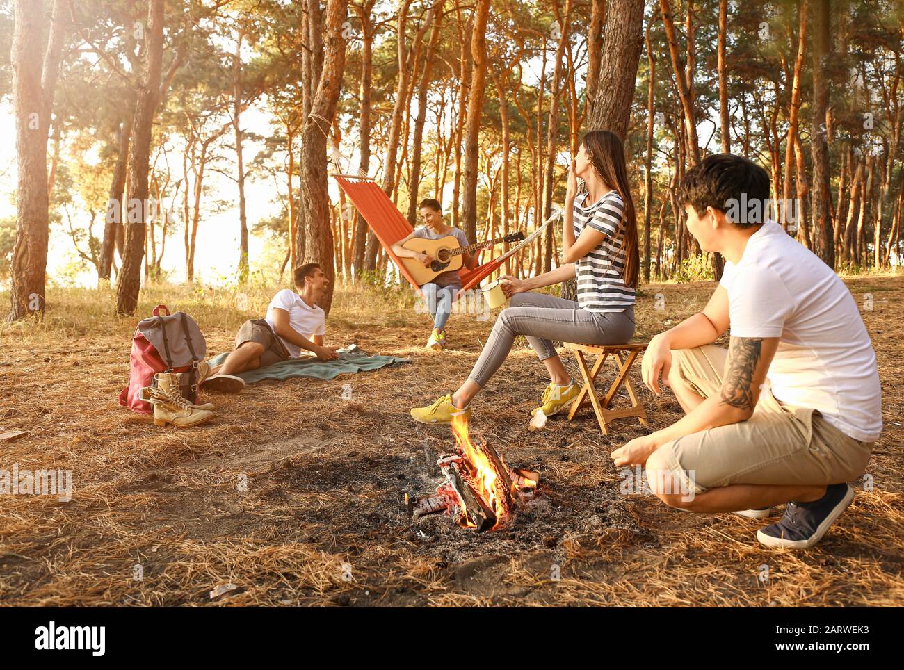 Group happy friends roasting marshmallows hi-res stock photography and ...