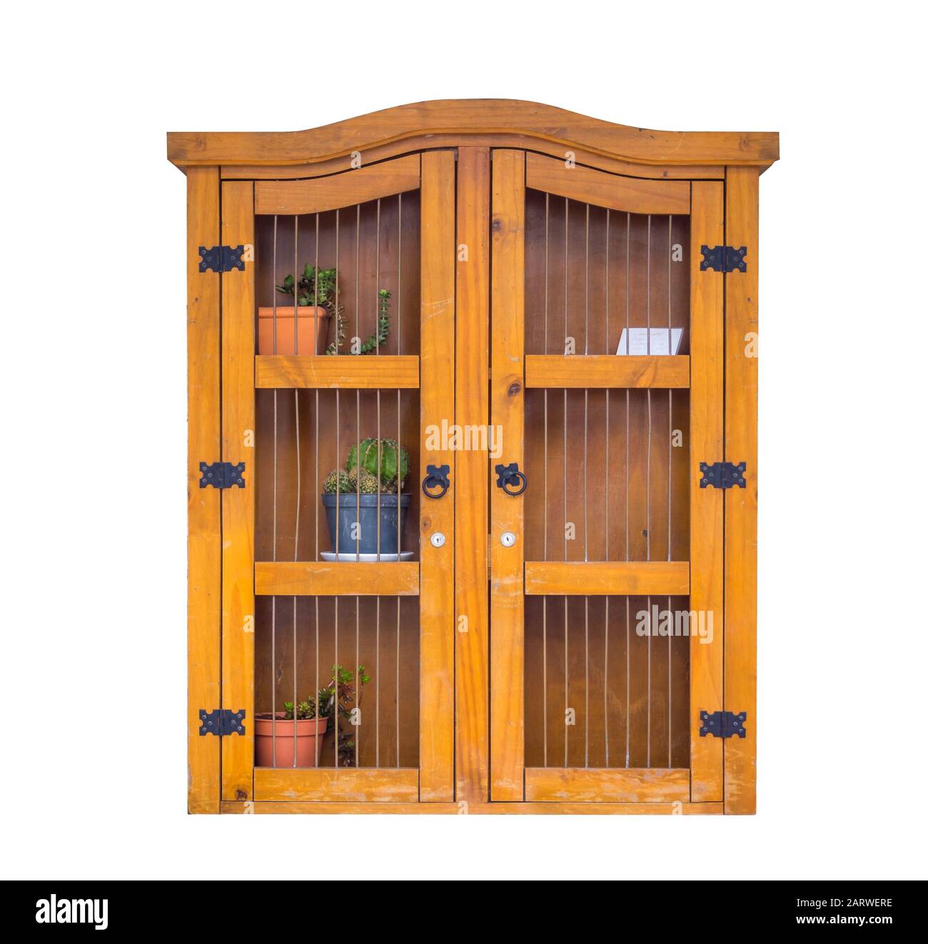 Wooden Chinese cabinet with flower pots in it isolated on a white ...