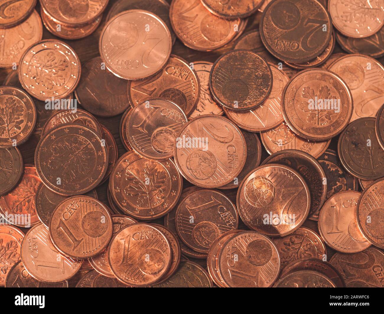 Image full of Euro cents, copper coin, one and two cents coin will be ...