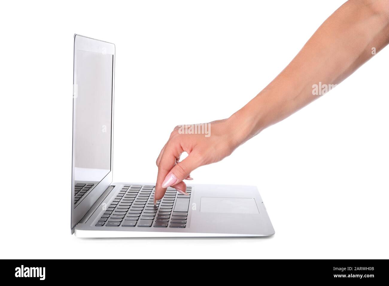 Female hand with laptop on white background Stock Photo - Alamy