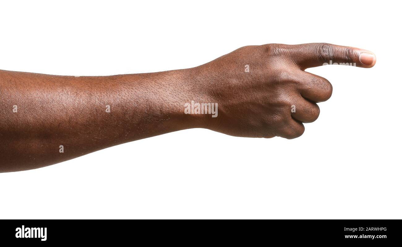 Hand of African-American man pointing at something on white background ...