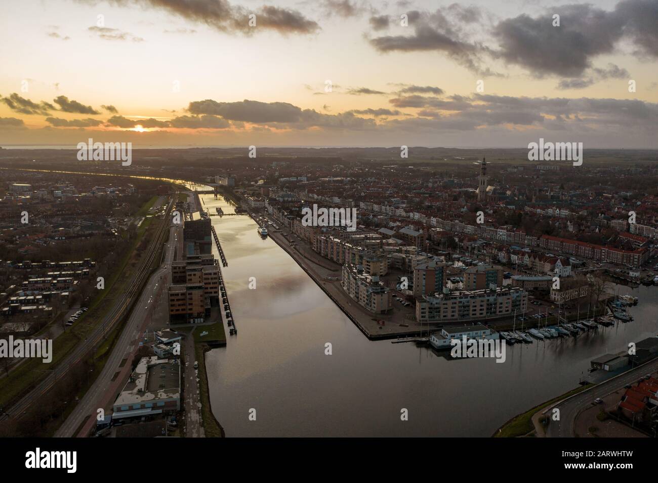 Bird's eye view of the buildings and the river in Middelburg, the ...