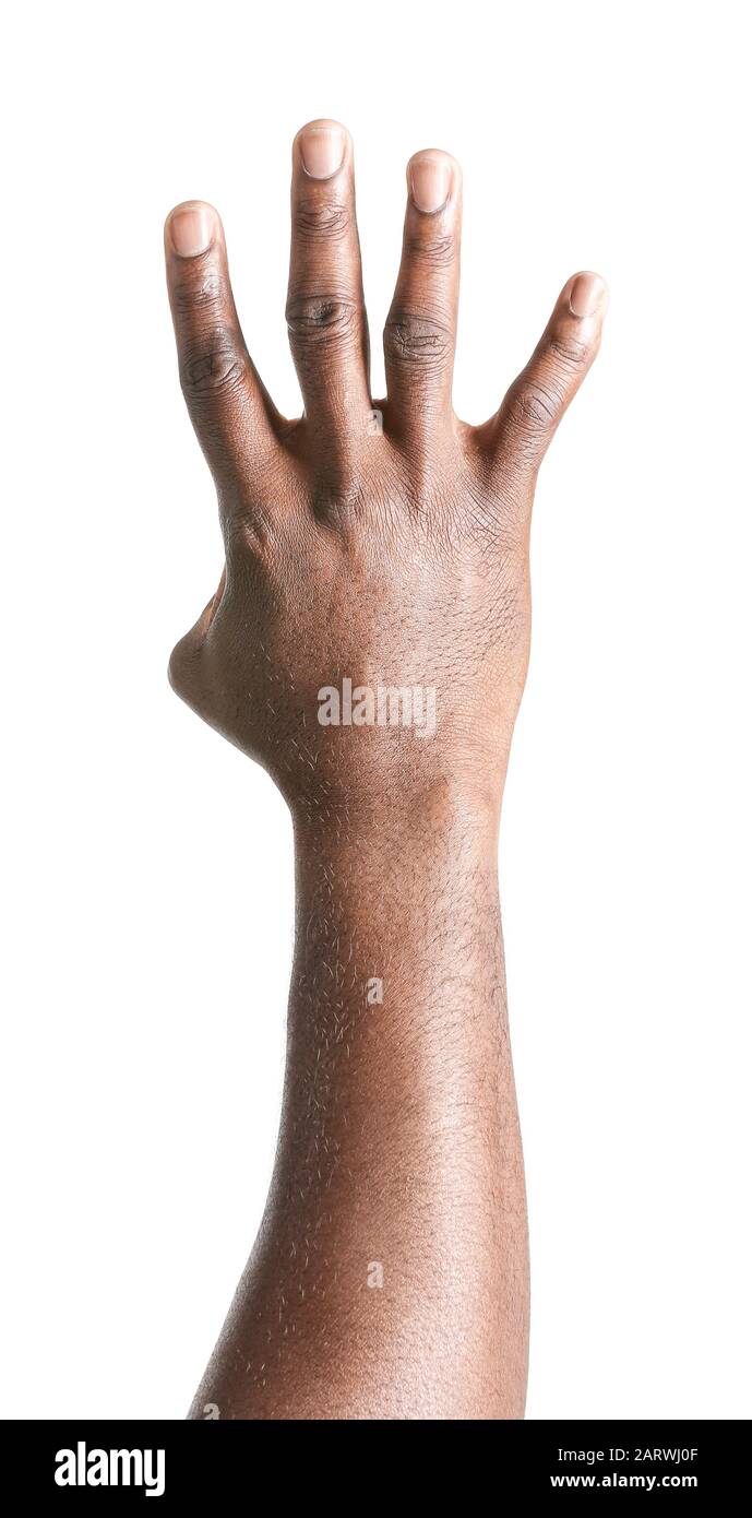 Hand of African-American man showing four fingers on white background ...
