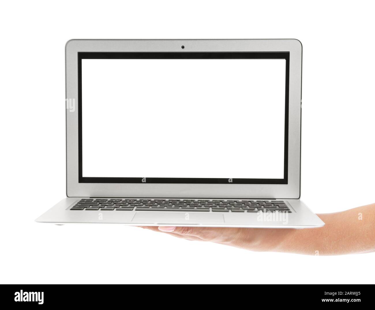 Female hand with modern laptop on white background Stock Photo - Alamy