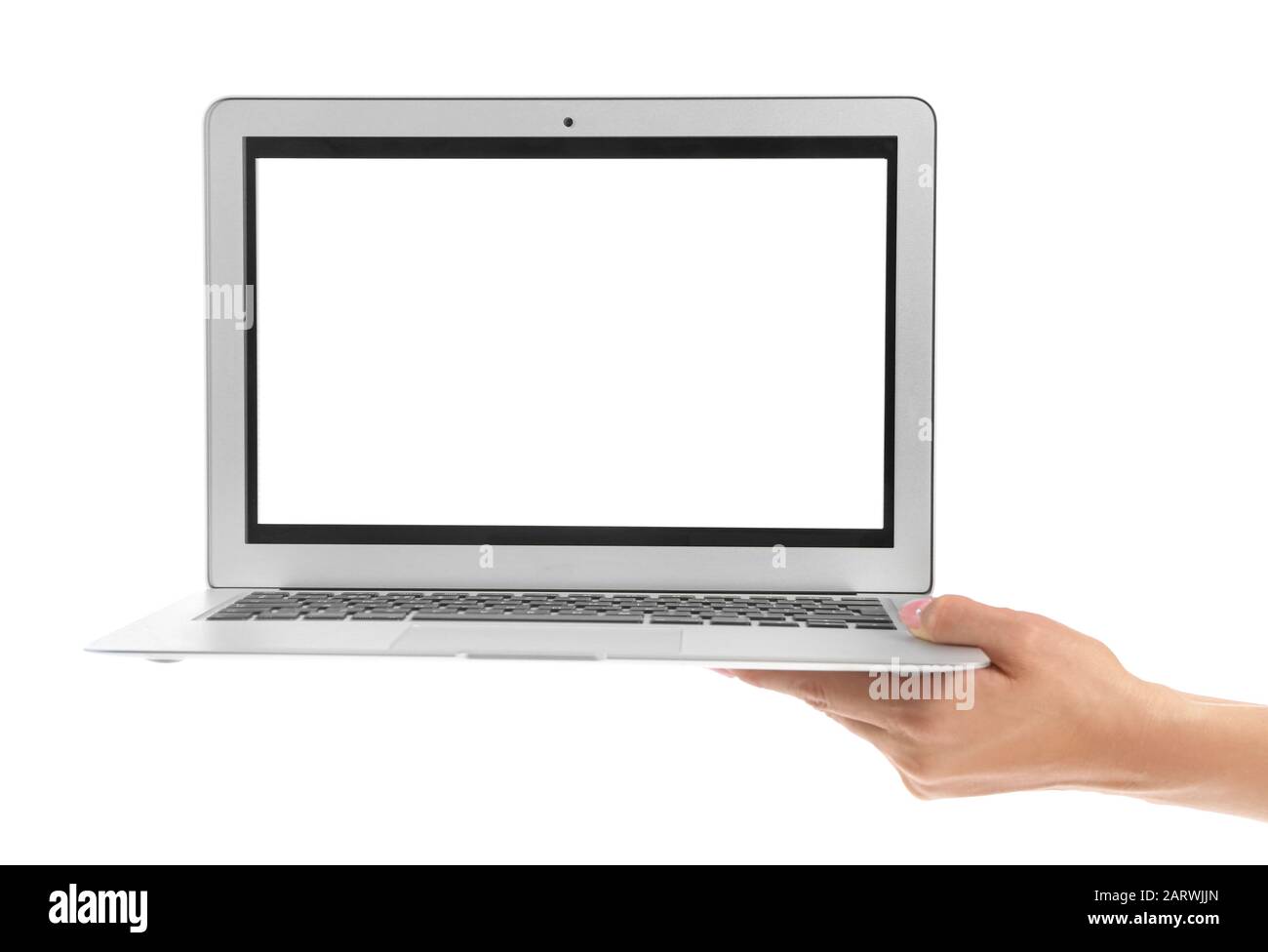 Female hand with modern laptop on white background Stock Photo - Alamy