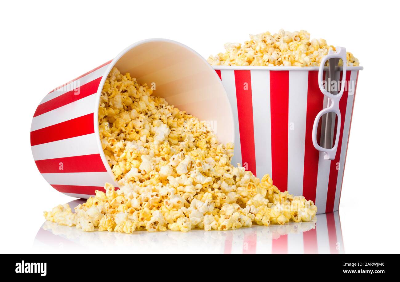 Set of bucket with popcorn and 3D glasses isolated on white background ...