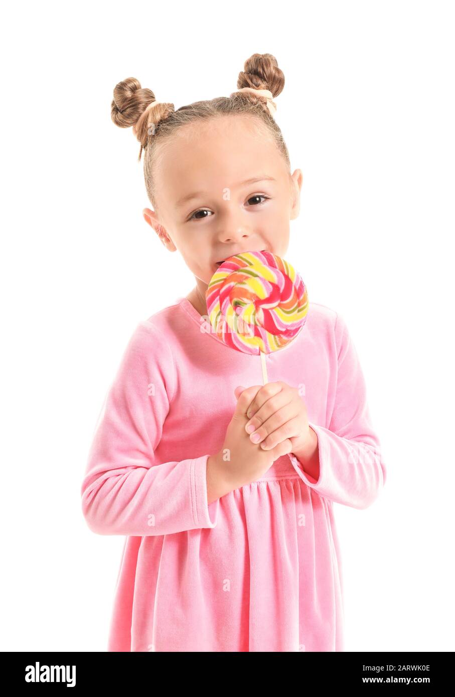 Cute little girl with sweet lollipop on white background Stock Photo ...