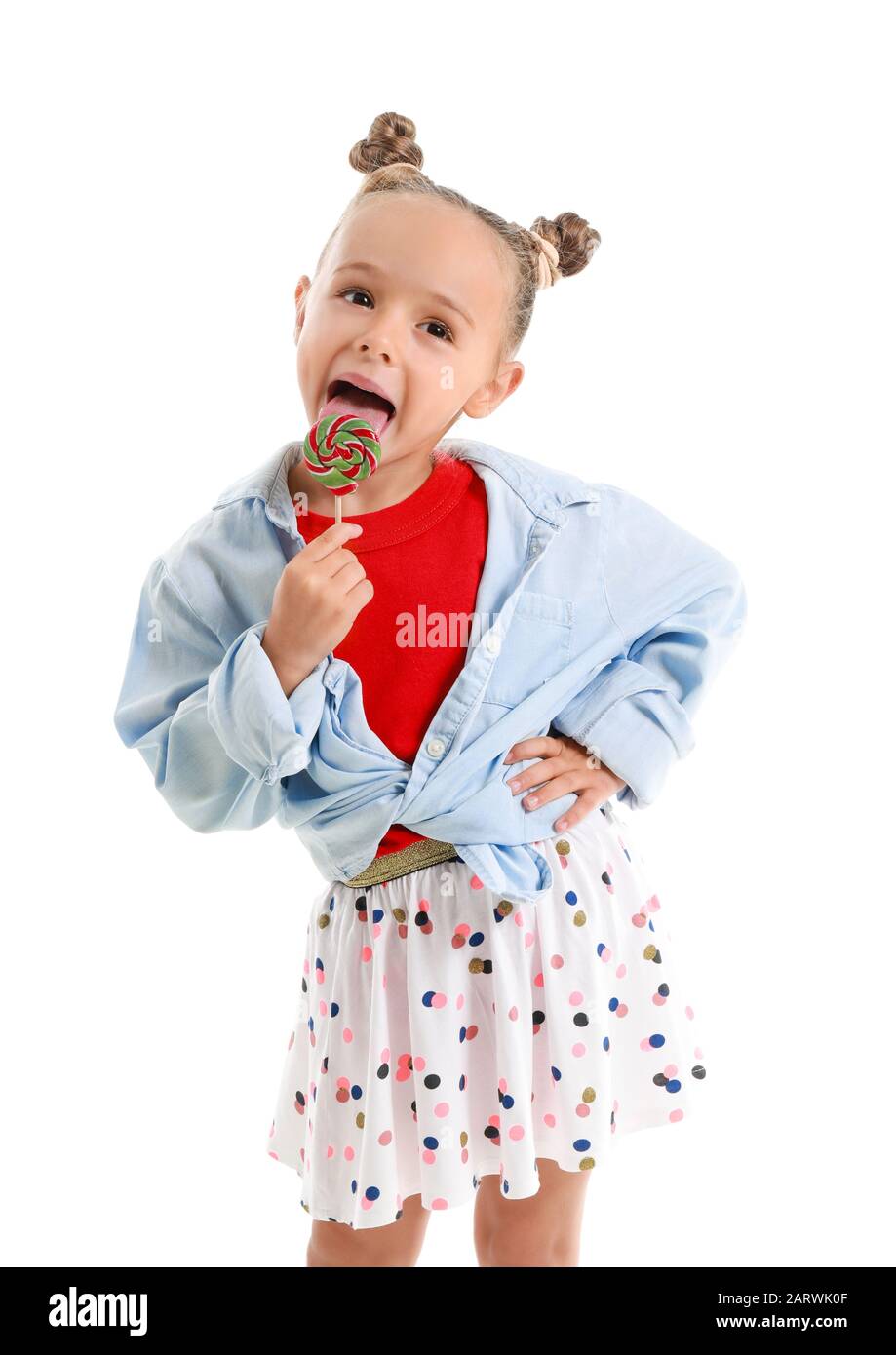 Cute little girl with sweet lollipop on white background Stock Photo ...