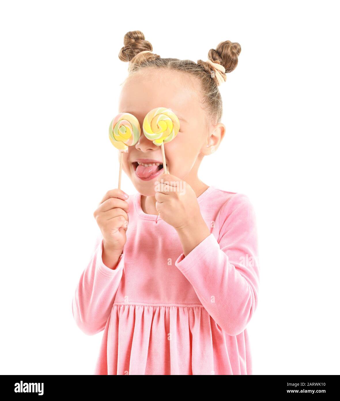 Cute little girl with sweet lollipops on white background Stock Photo ...