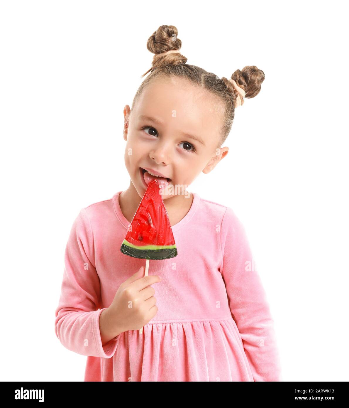Cute little girl with sweet lollipop on white background Stock Photo ...