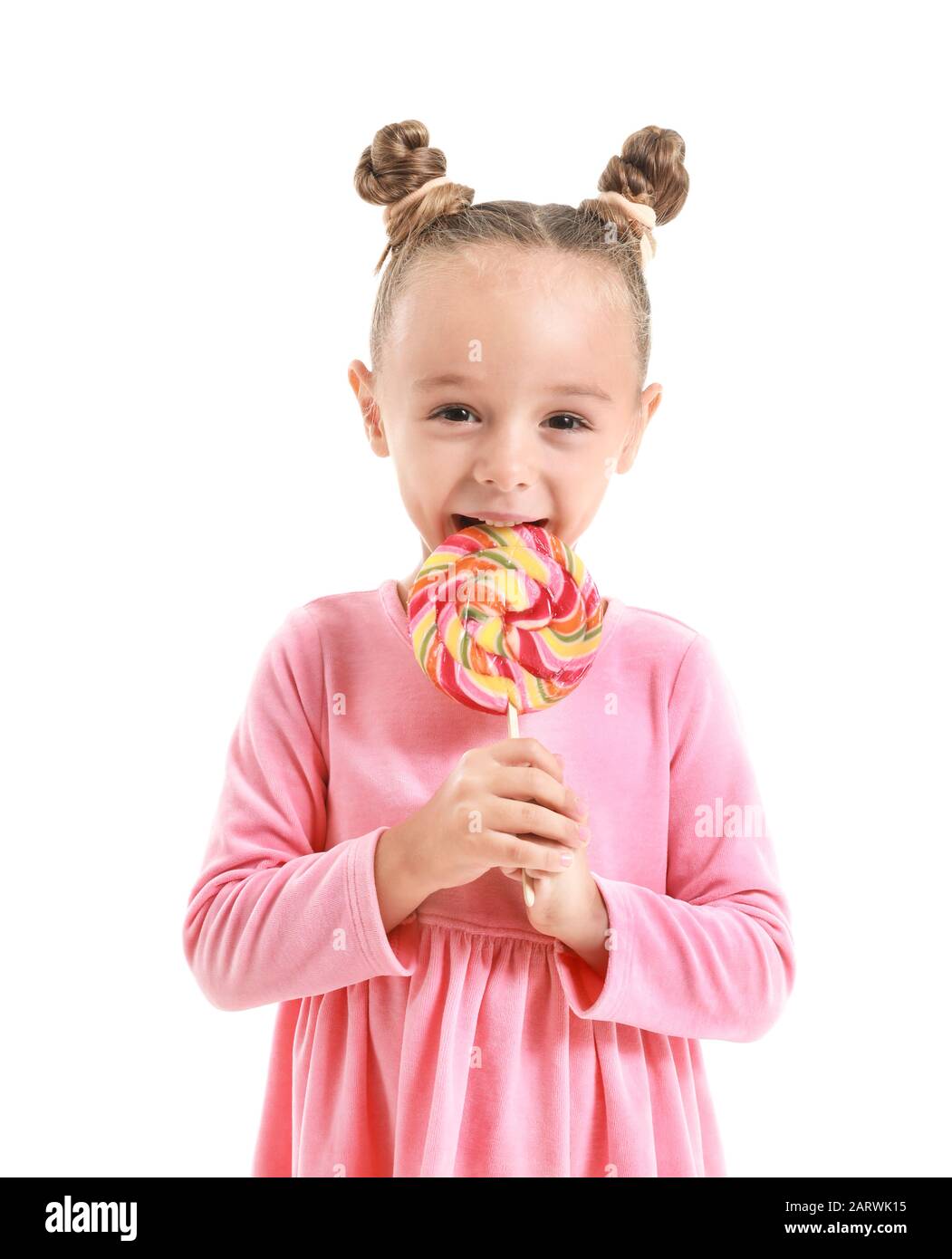 Cute little girl with sweet lollipop on white background Stock Photo ...