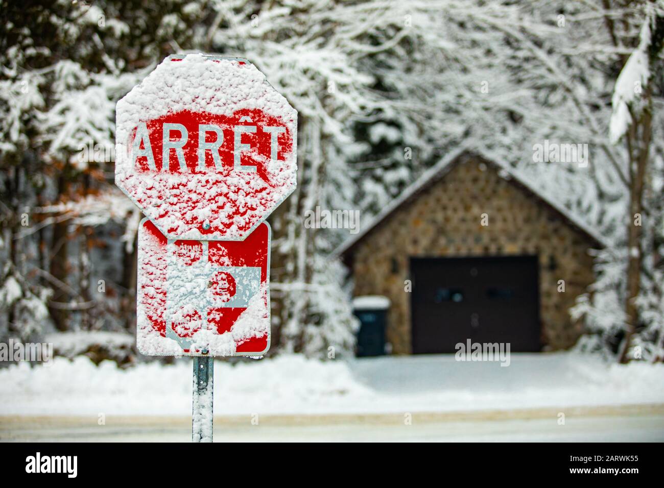 French Canadian traffic and highway signs are barely readable after a ...