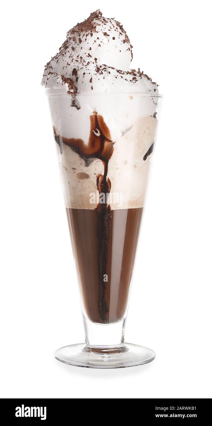 Glass of tasty frappe coffee on white background Stock Photo - Alamy