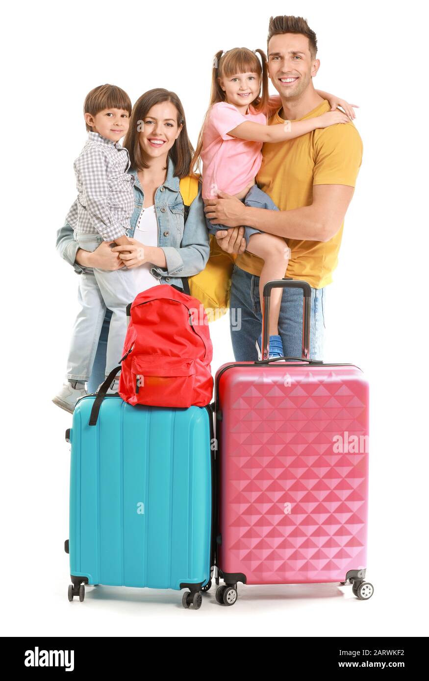 Happy family with suitcases isolated on white Stock Photo - Alamy