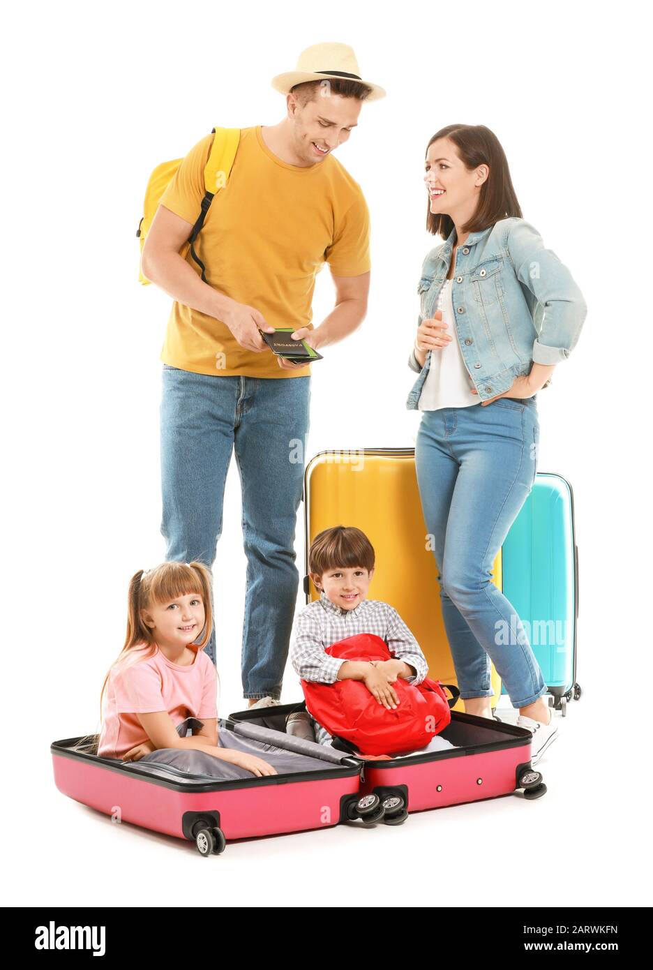 Happy family with suitcases isolated on white Stock Photo - Alamy