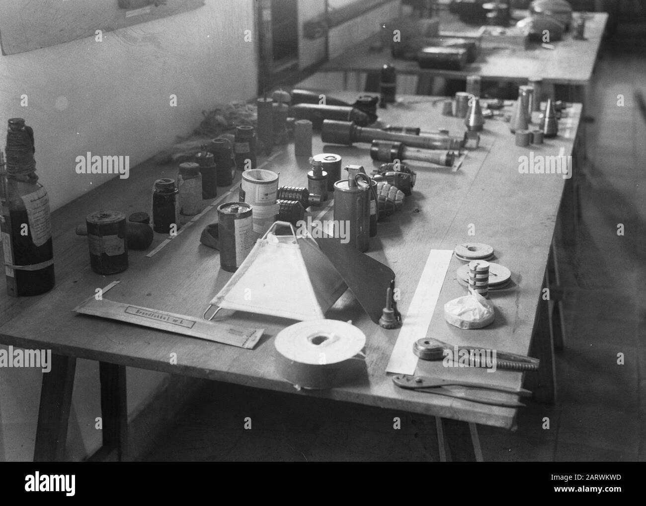 S.R.O.I. Tjimahi [table with all kinds of hand grenades and detonators ...