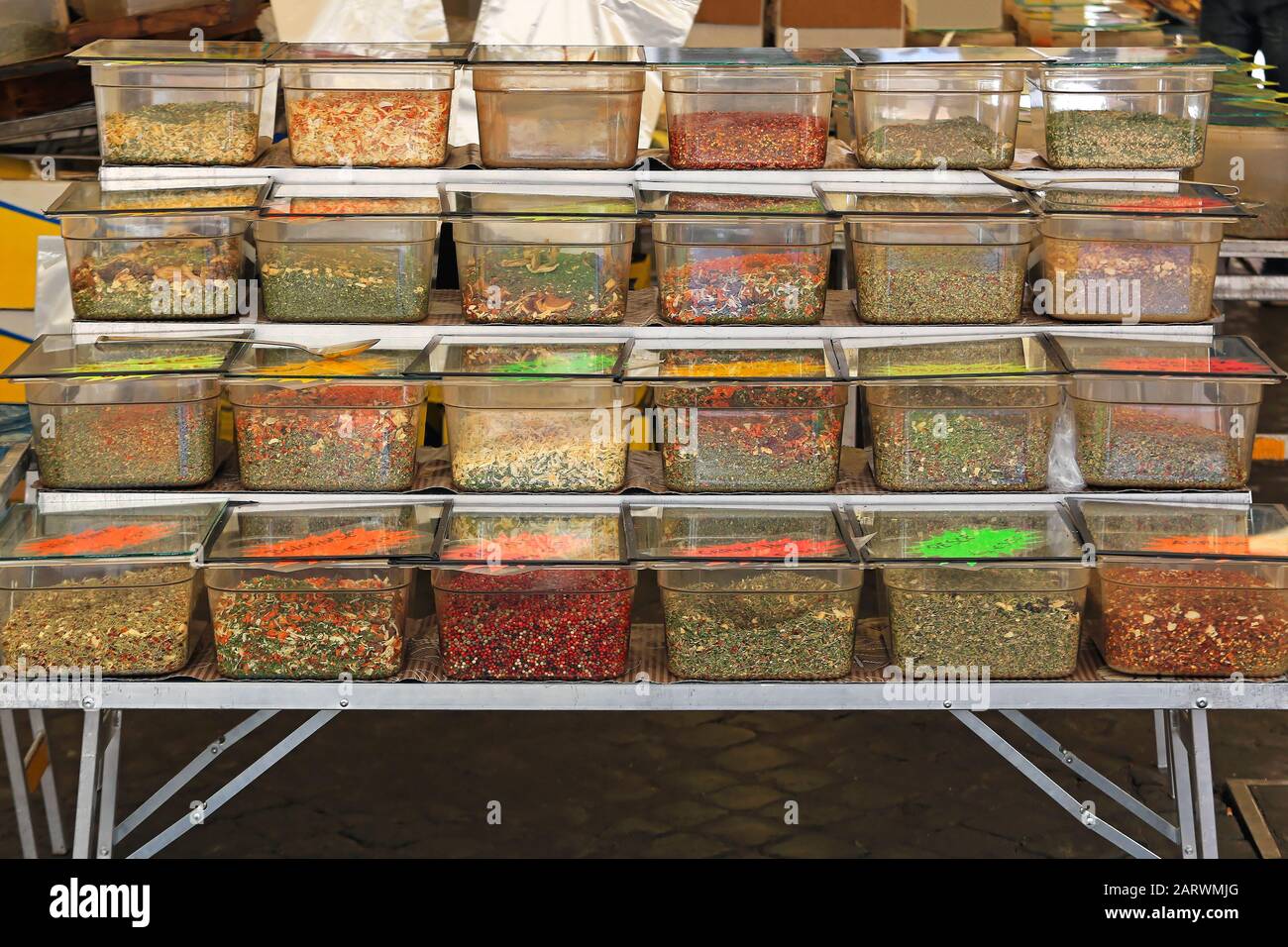 Herbs and spices in bulk boxes at Rome market Stock Photo - Alamy