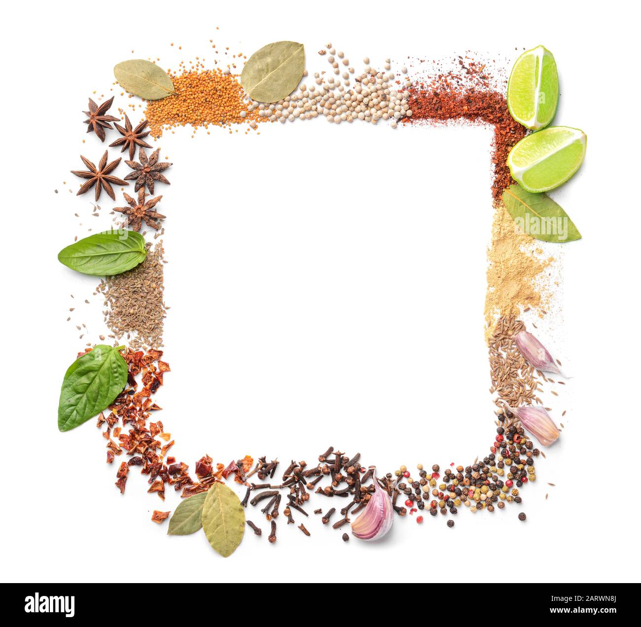 Frame made of different spices on white background Stock Photo - Alamy
