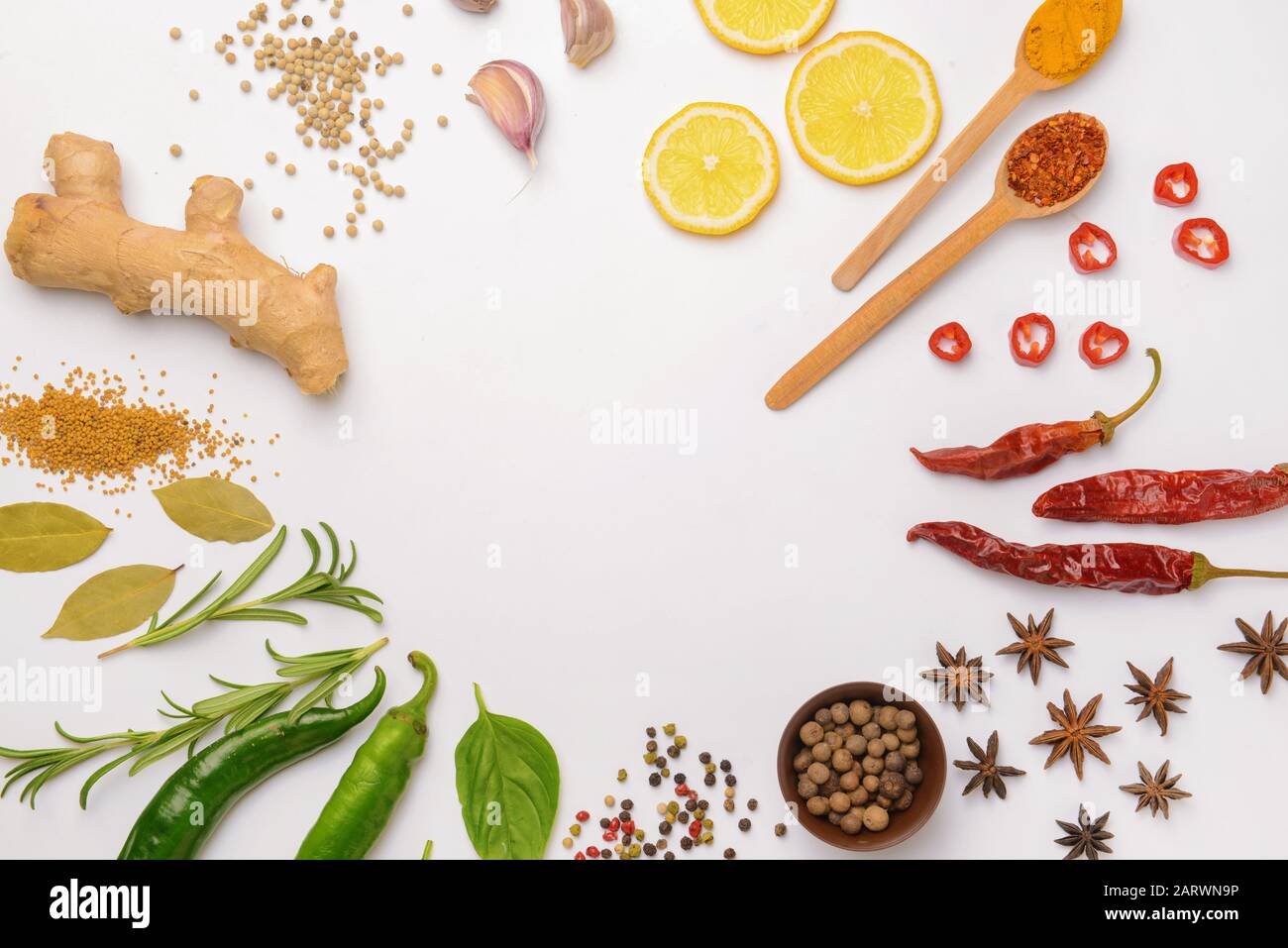 Frame made of different spices on white background Stock Photo - Alamy