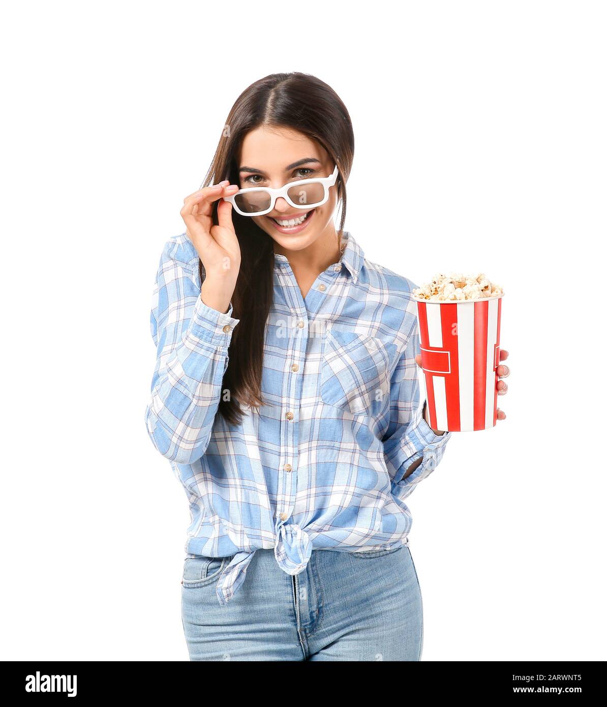 Young woman with popcorn on white background Stock Photo - Alamy