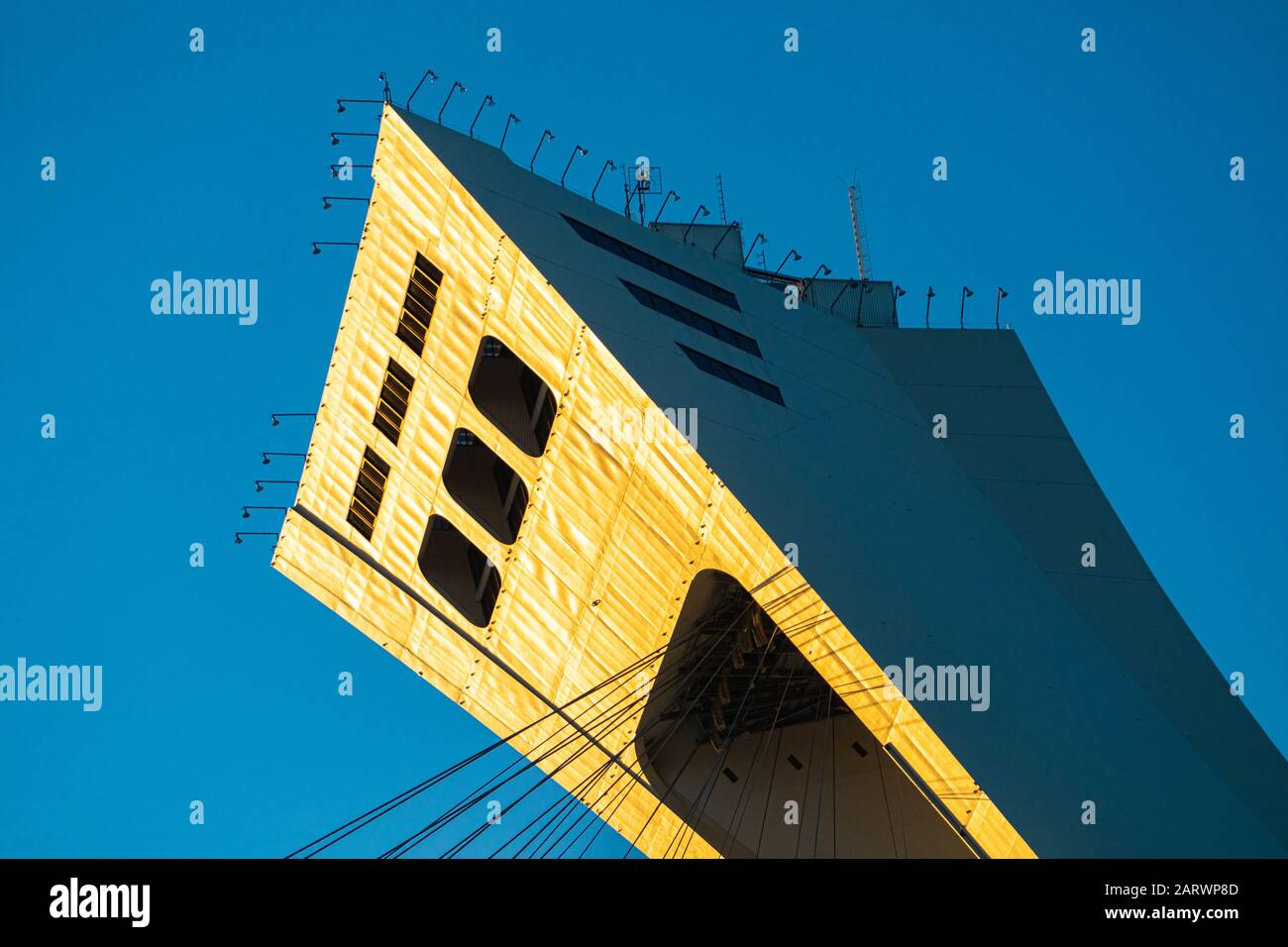 A low angle shot of The Inclined Tower of the Olympic Stadium, Montreal ...