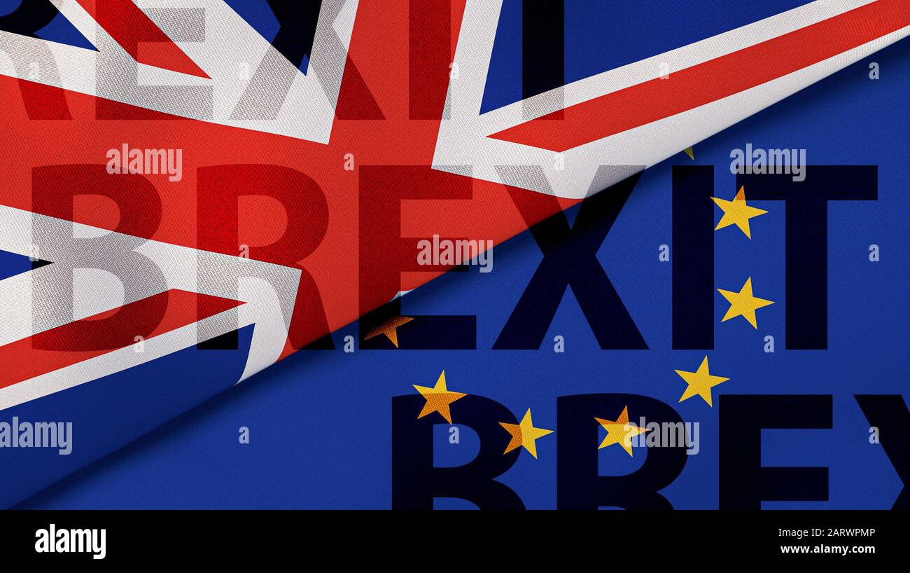 Brexit. EU and UK flags, breaking news background. High-quality 3d ...