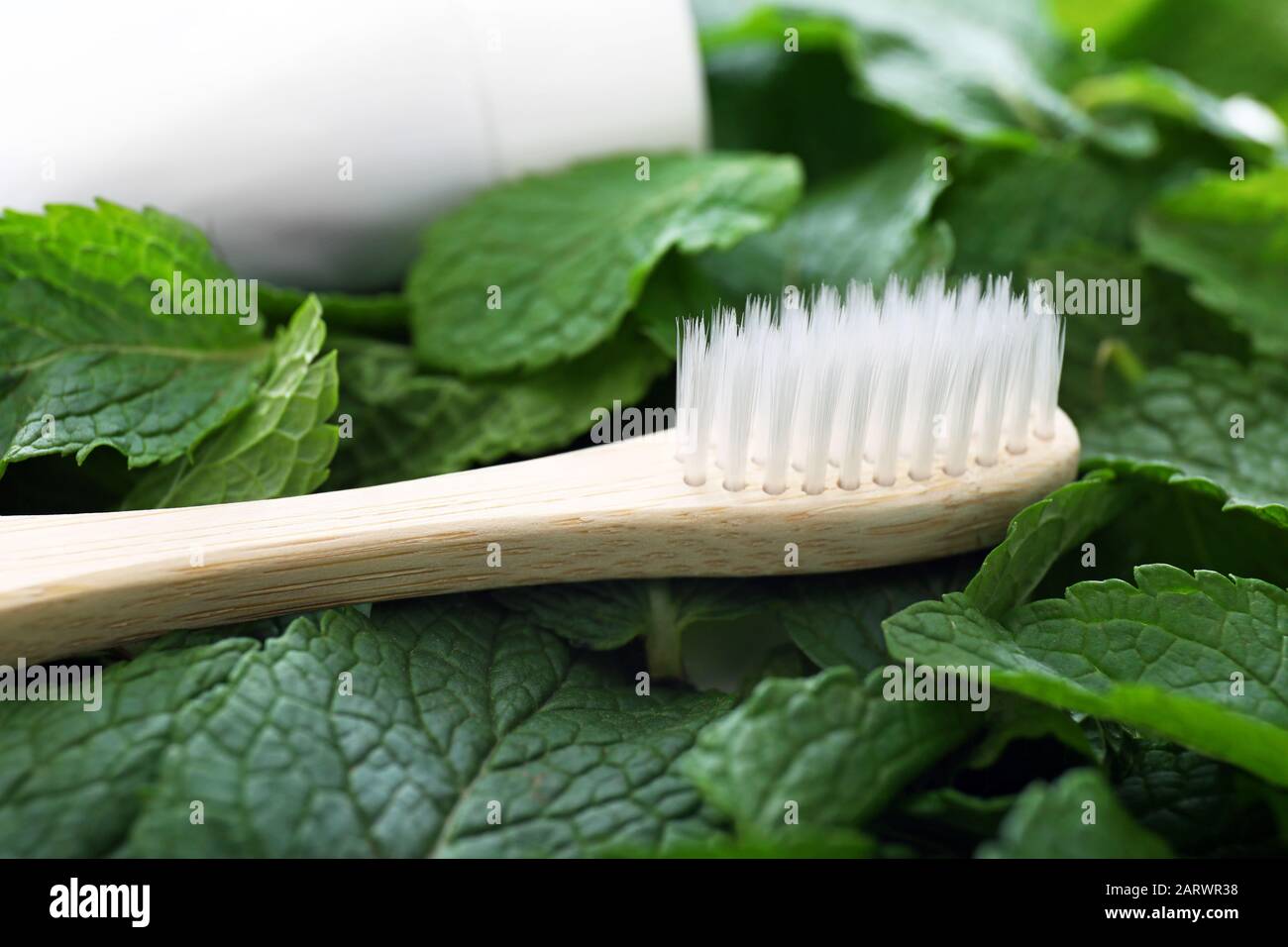 Wooden toothbrush on mint leaves Stock Photo - Alamy