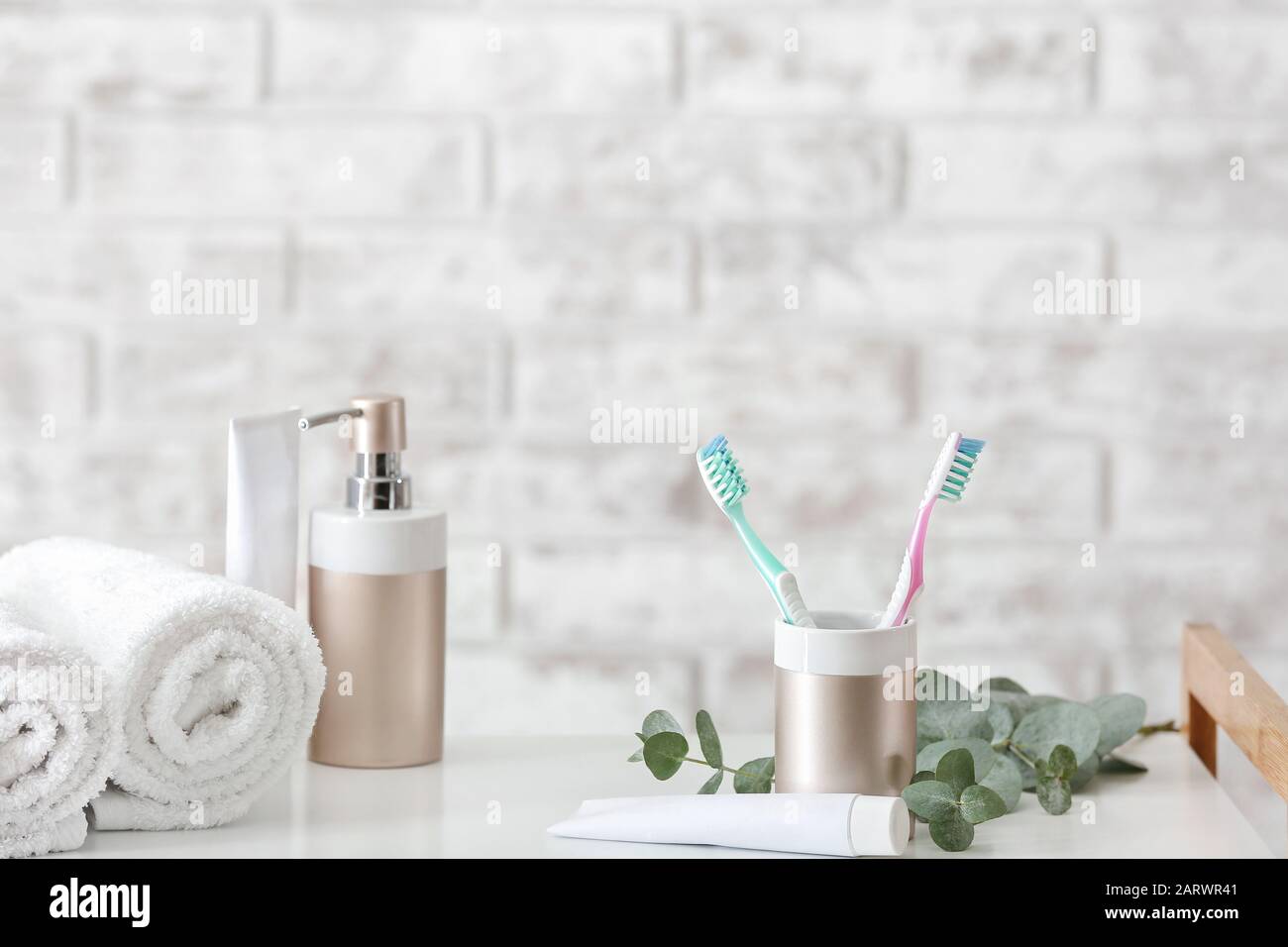 Hygiene toothpaste brush soap towels hi-res stock photography and ...