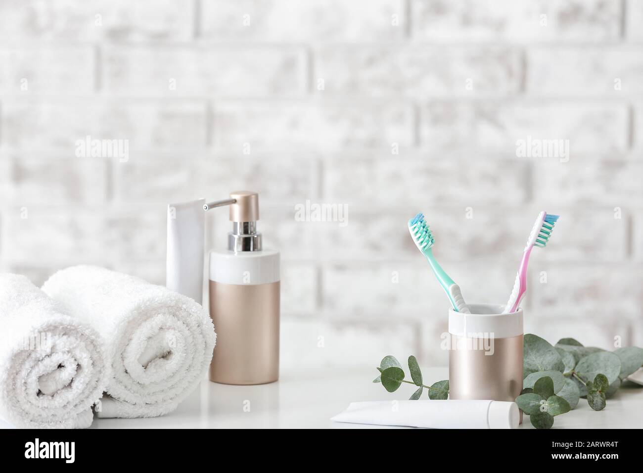 Hygiene toothpaste brush soap towels hi-res stock photography and ...