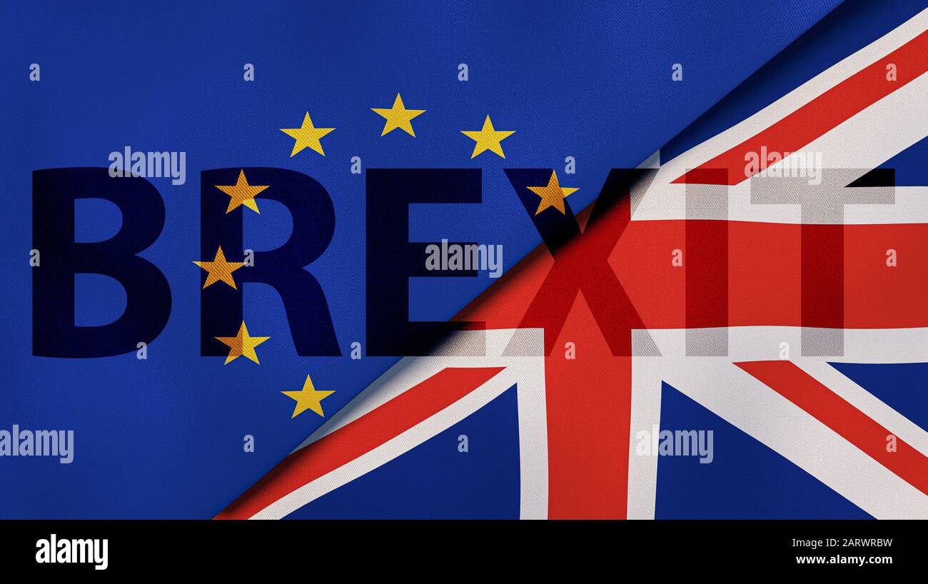 Brexit. EU and UK flags, breaking news background. High-quality 3d ...