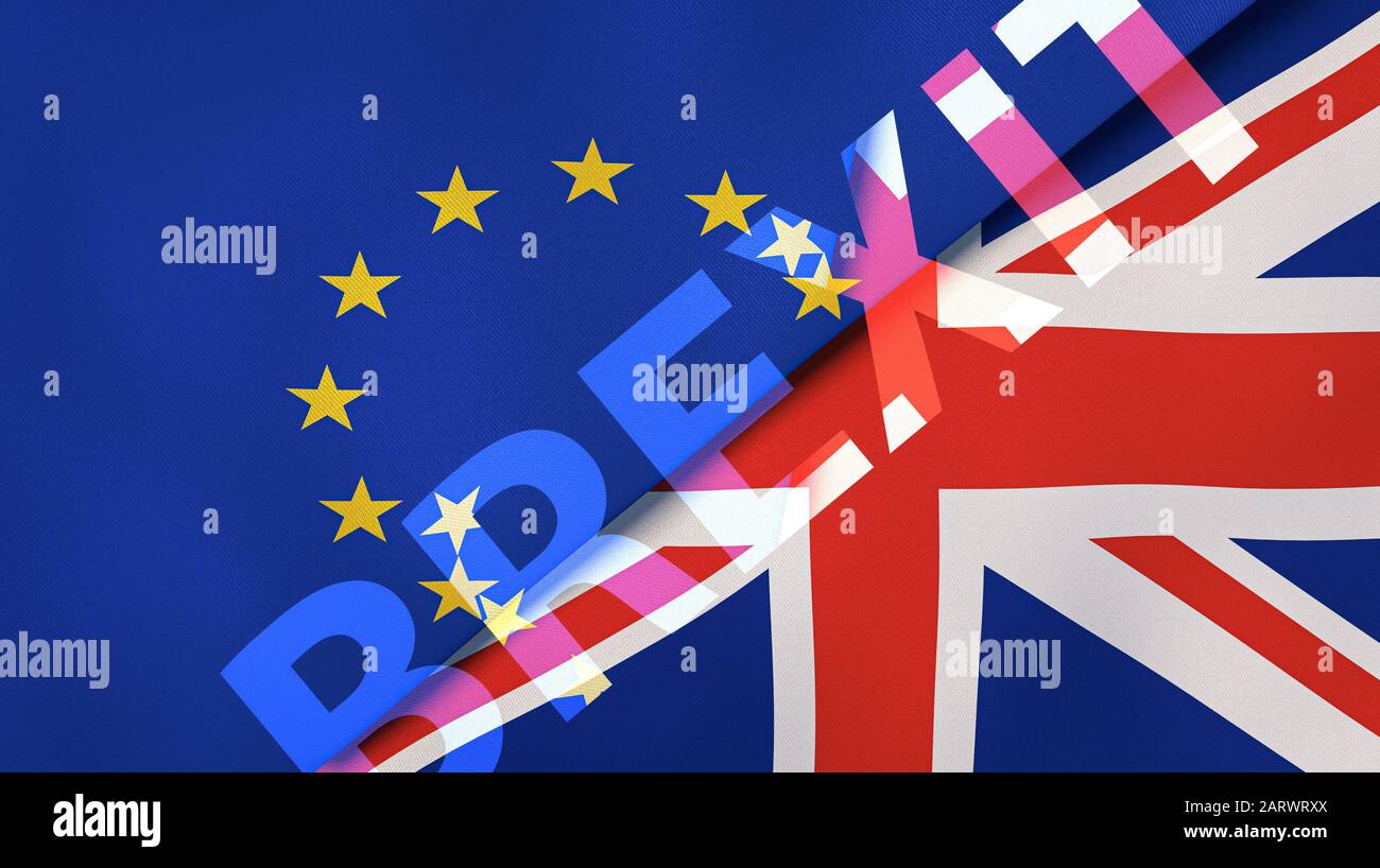 Brexit. EU and UK flags, breaking news background. High-quality 3d ...