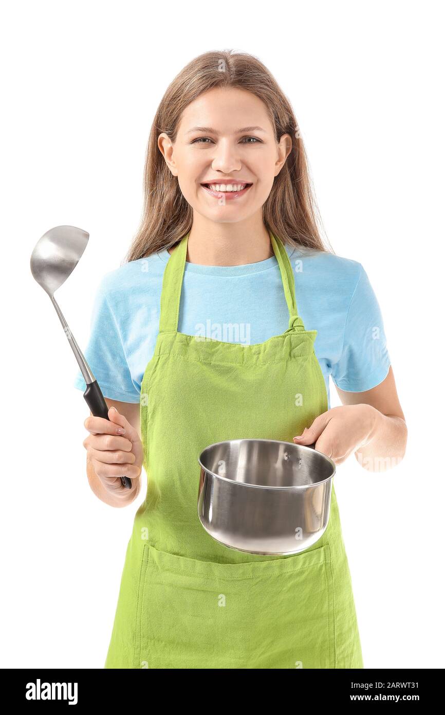 Beautiful young woman with kitchenware on white background Stock Photo ...