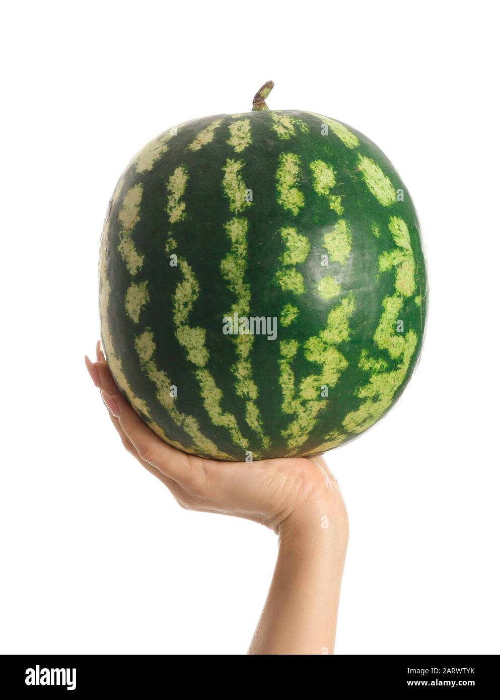 Female hand with ripe watermelon on white background Stock Photo - Alamy