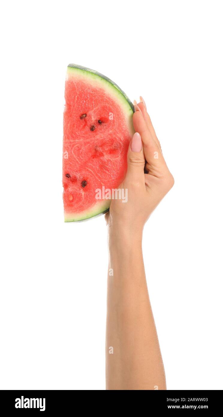 Female hand with slice of ripe watermelon on white background Stock ...