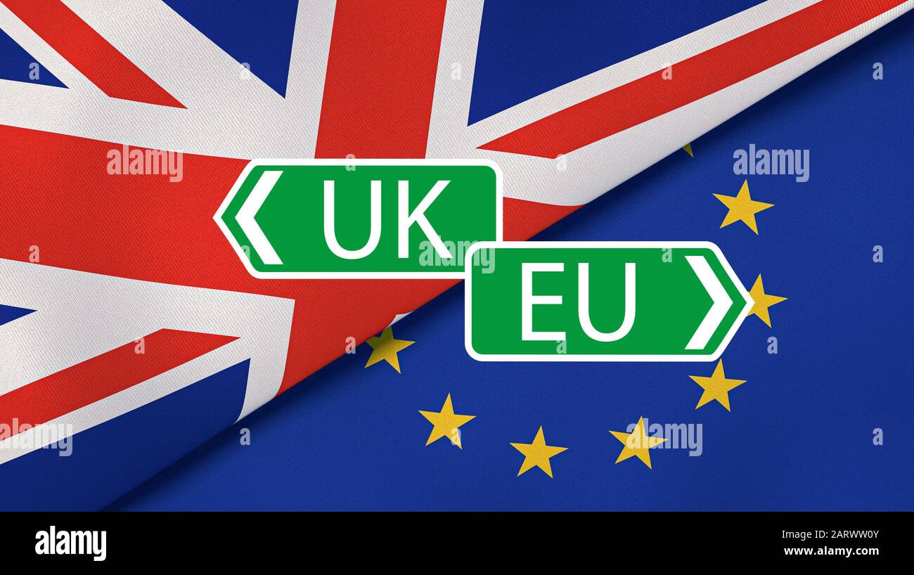 Brexit. EU and UK flags, breaking news background. High-quality 3d ...