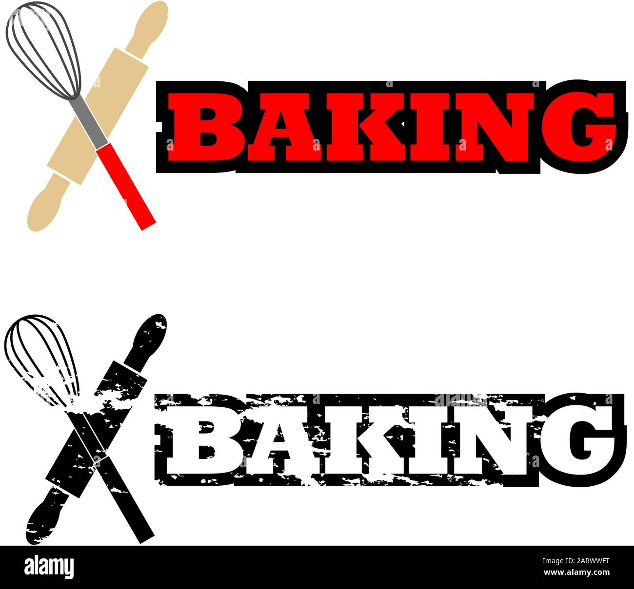 Icon illustration showing some kitchen utensils beside the word Baking ...