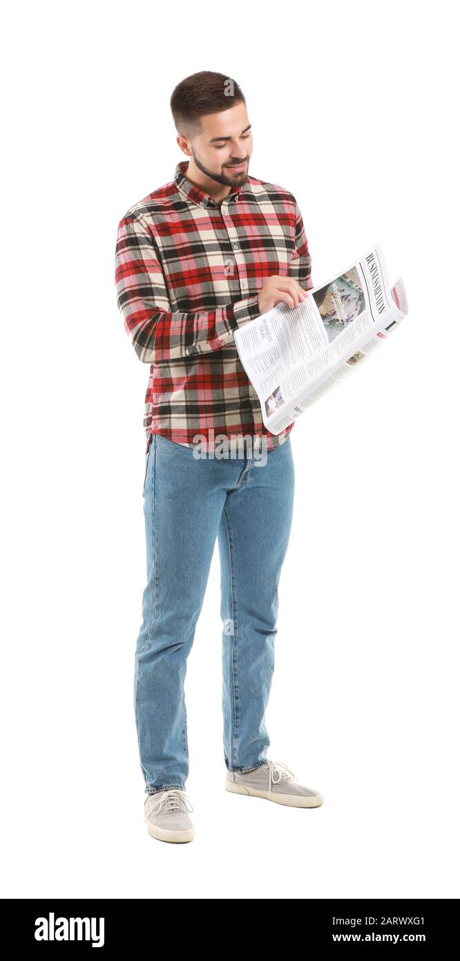 Handsome man with newspaper on white background Stock Photo - Alamy