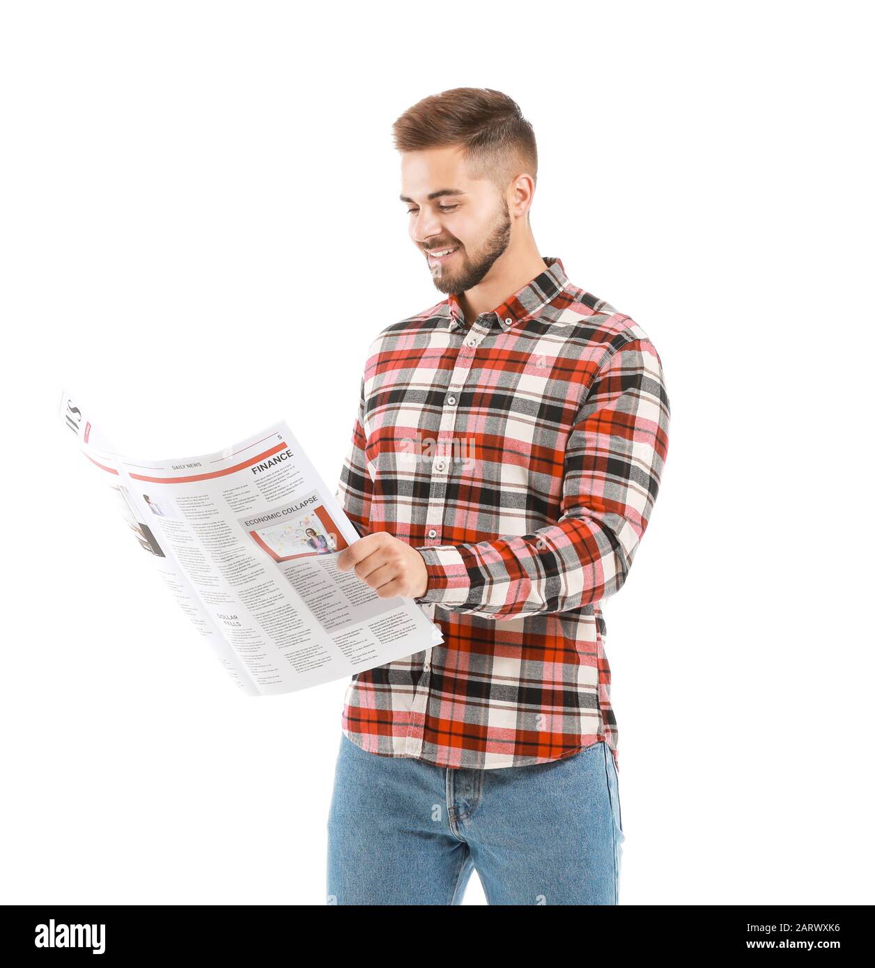 Handsome man with newspaper on white background Stock Photo - Alamy