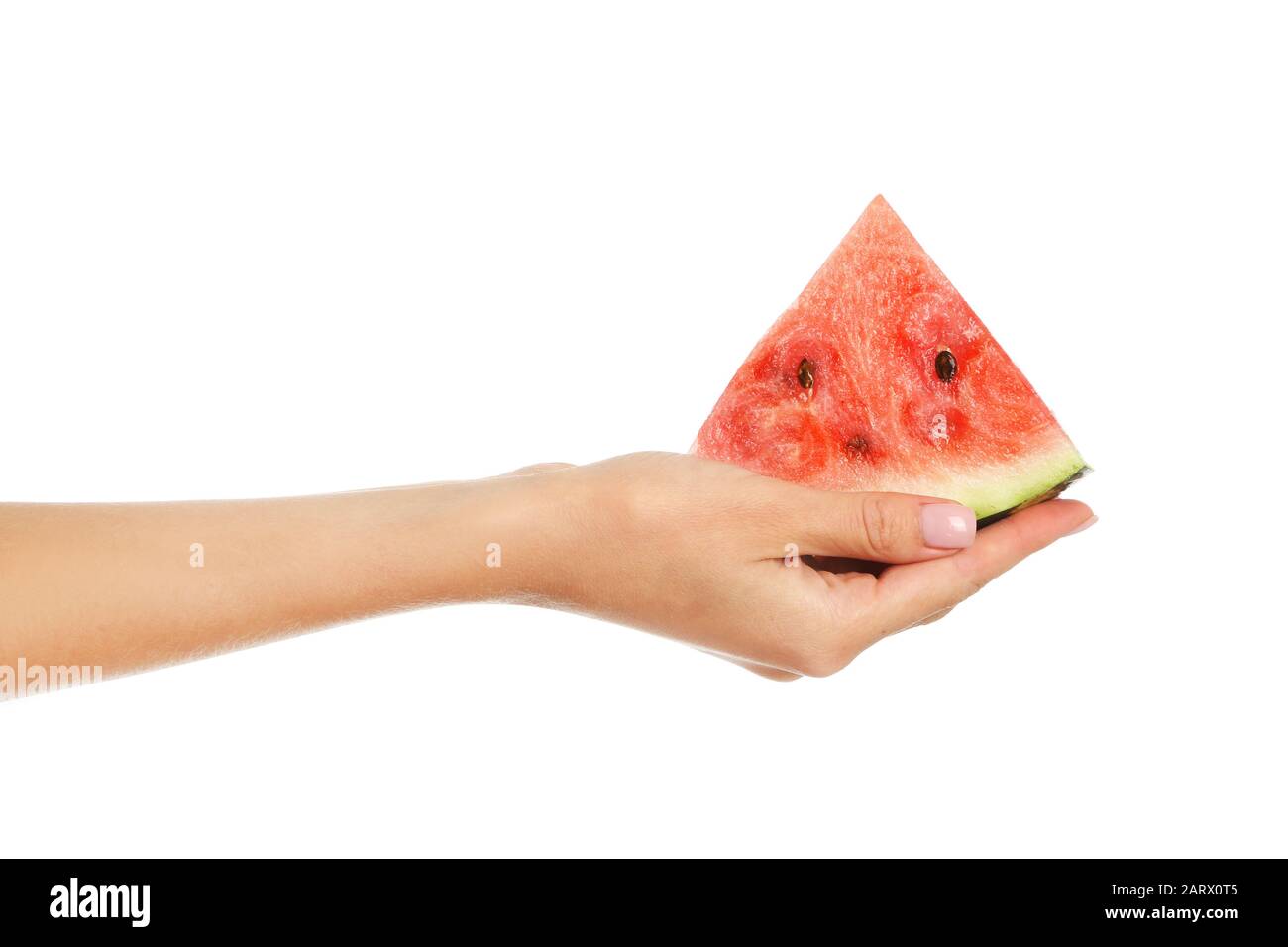 Female hand with piece of juicy watermelon on white background Stock ...