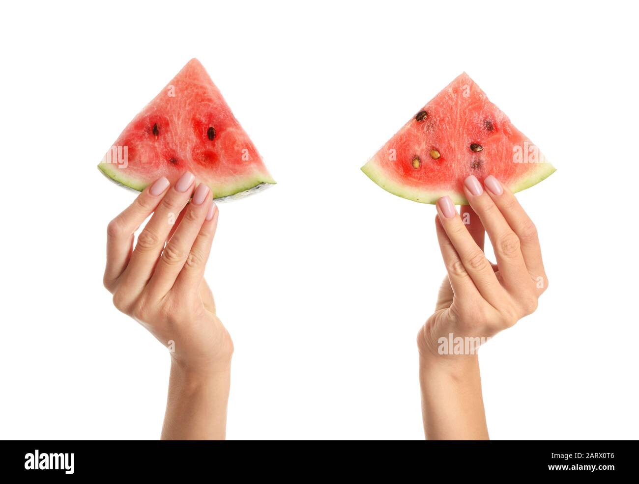 Female hands with pieces of juicy watermelon on white background Stock ...